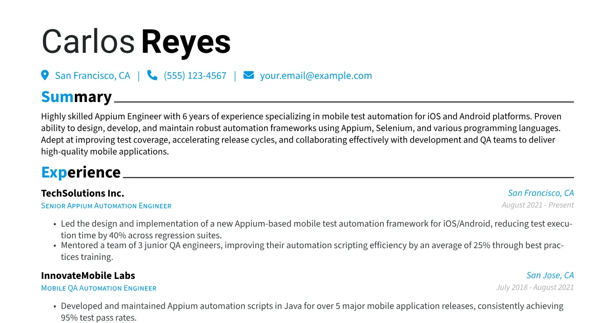 Appium Engineer Resume Example | JobSprout
