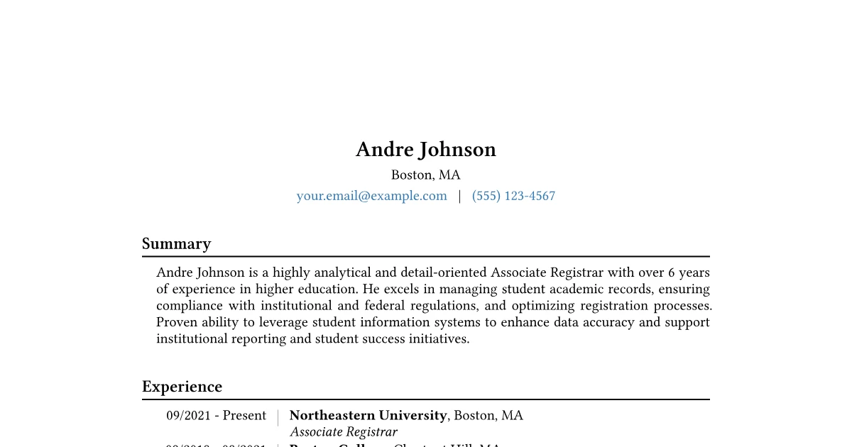 Associate Registrar Resume Example | JobSprout