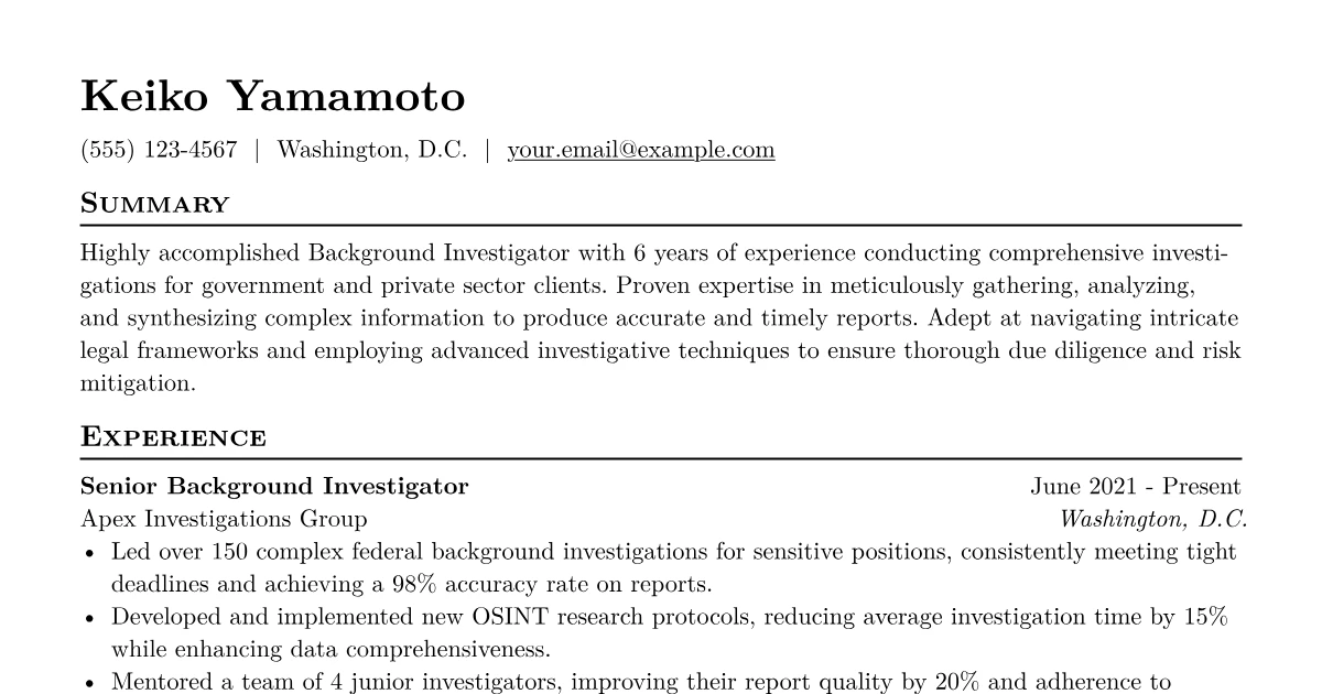 Background Investigator Resume Example | JobSprout