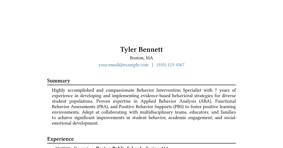 Behavior Intervention Specialist Resume Example | JobSprout
