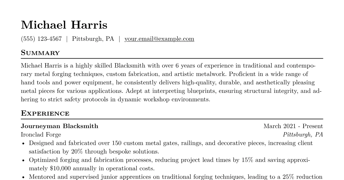 Blacksmith Resume Example | JobSprout