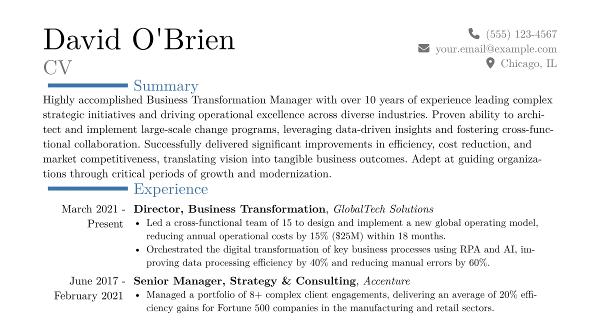 Business Transformation Manager Resume Example | JobSprout