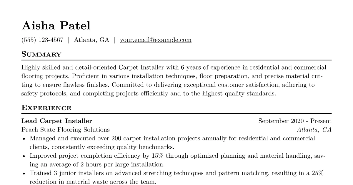 Carpet Installer Resume Example | JobSprout