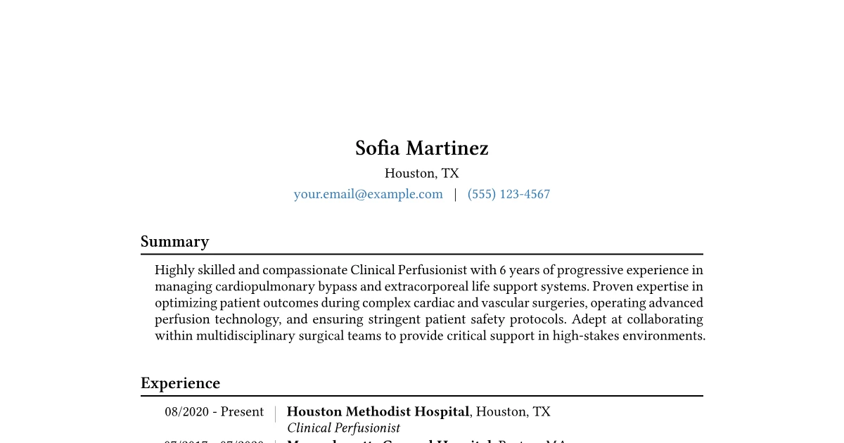 Clinical Perfusionist Resume Example | JobSprout