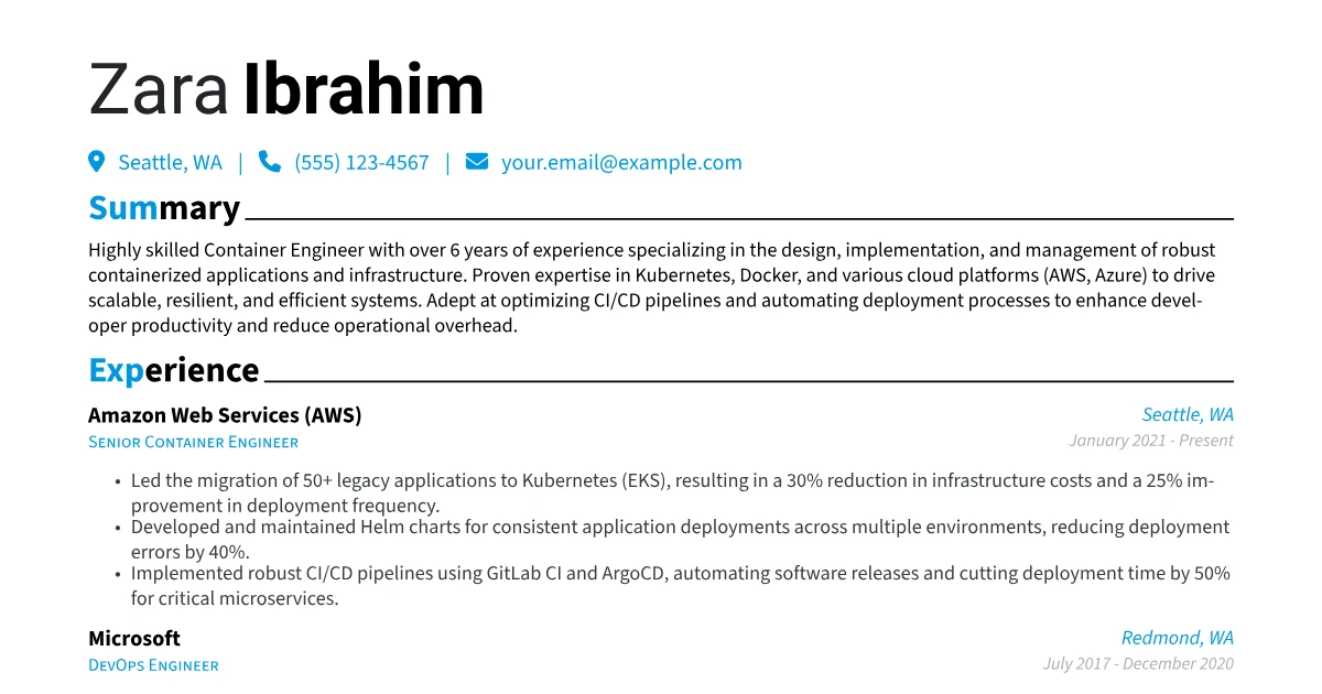 Container Engineer Resume Example | JobSprout