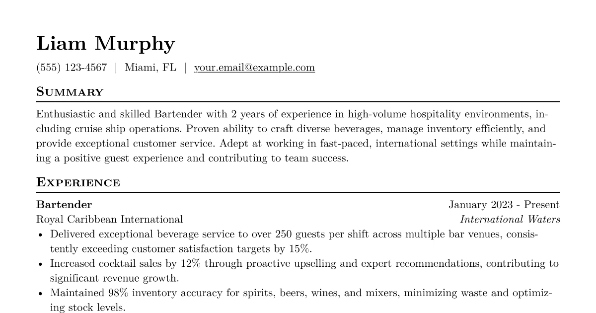 Cruise Ship Bartender Resume Example | JobSprout