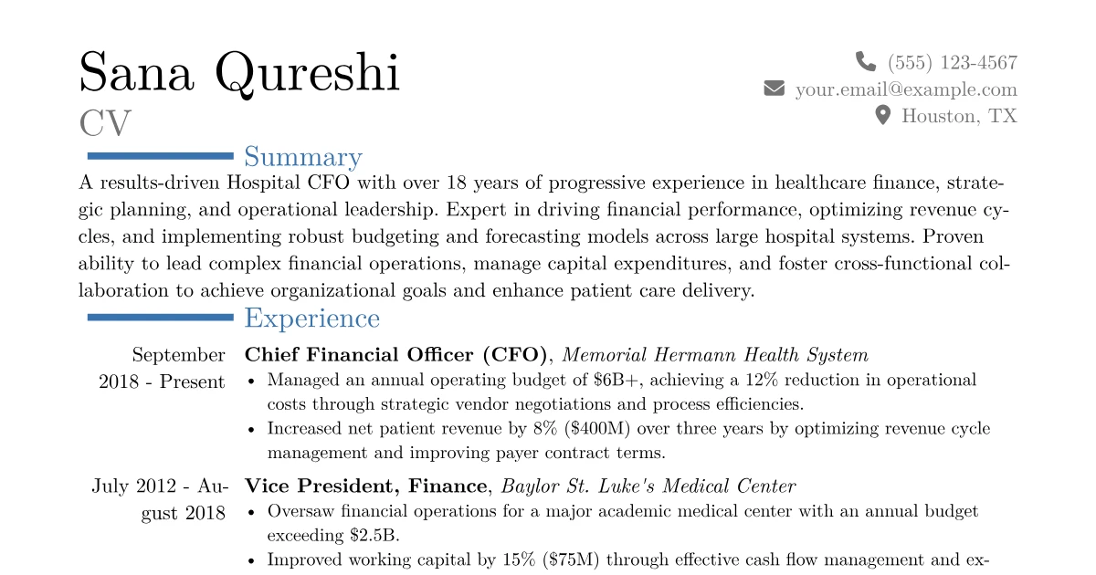 Hospital CFO Resume Example | JobSprout