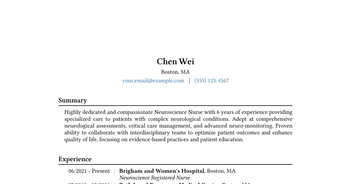 Neuroscience Nurse Resume Example | JobSprout