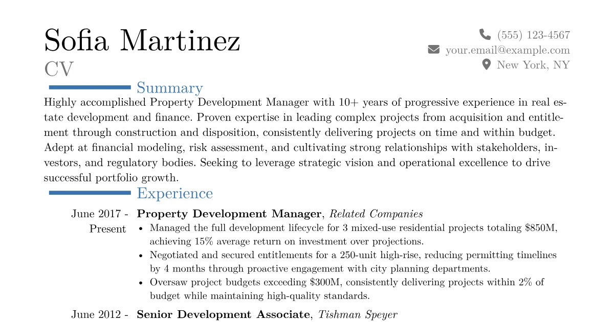 Property Development Manager Resume Example | JobSprout