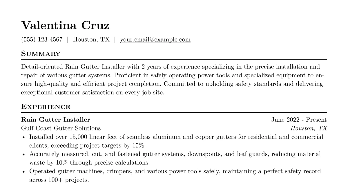 Rain Gutter Installer Resume Example | JobSprout