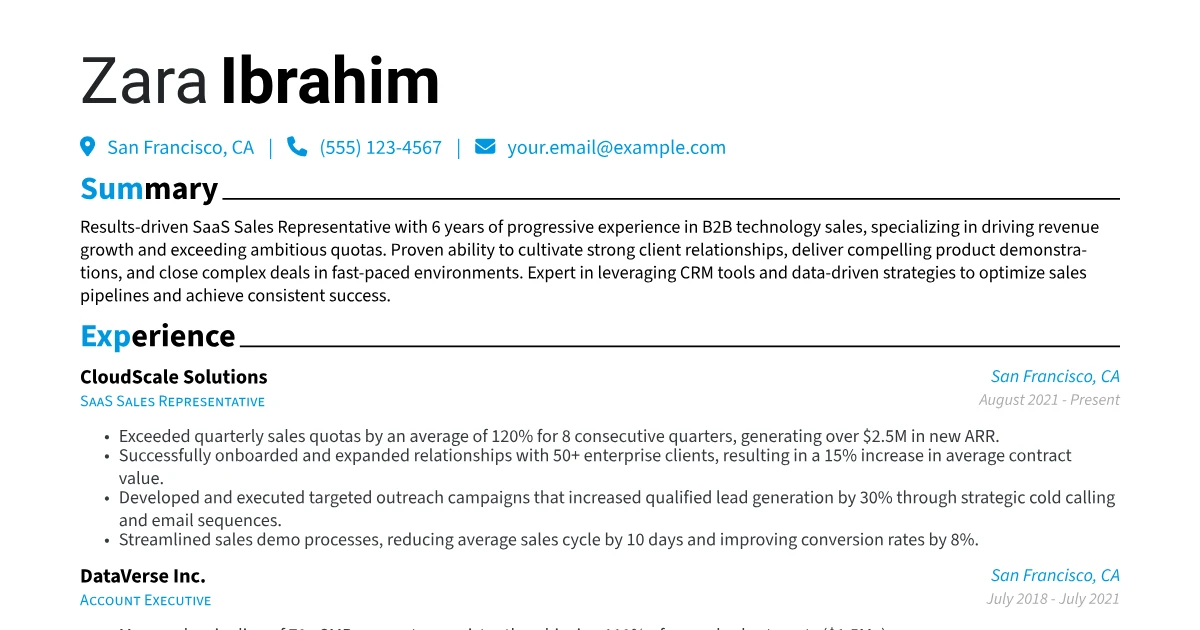 SaaS Sales Representative Resume Example & Free Template