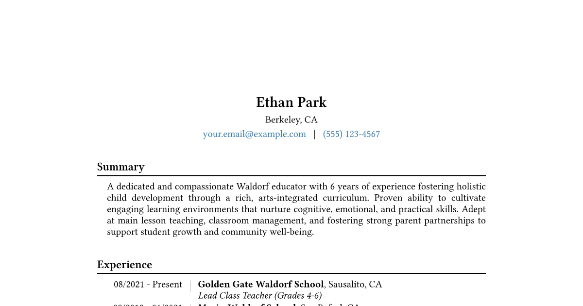 Waldorf Teacher Resume Examples + Free Template (2026)